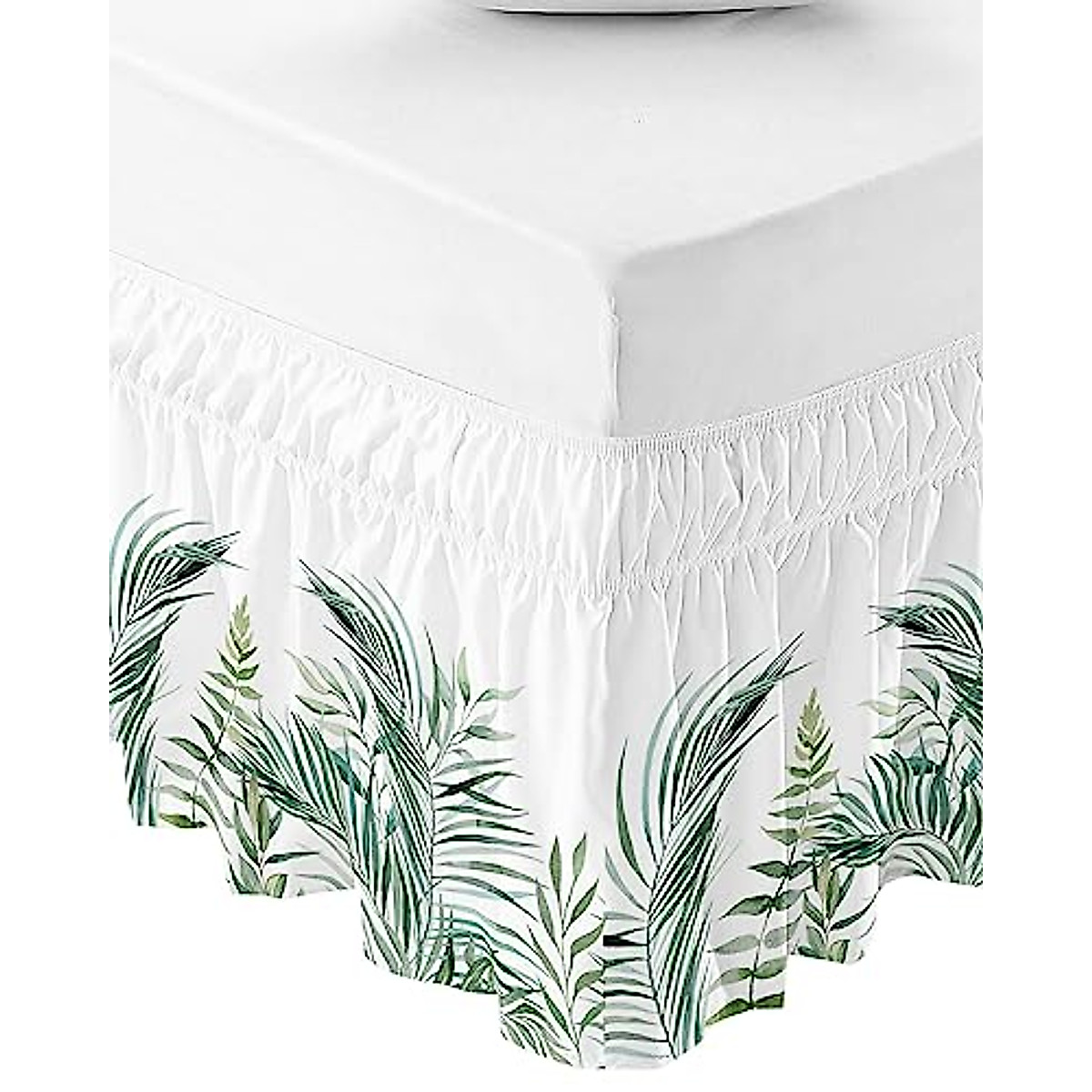 Tropical Bed Skirt Queen Size 16 Inch Drop,Adjustable Elastic Wrap Around Bed Skirts Pleated Luxury Dust Ruffles for Twin Full Queen Cal King Base Bed,Country Rustic Green Palm Tree Leaves Eucalyptus