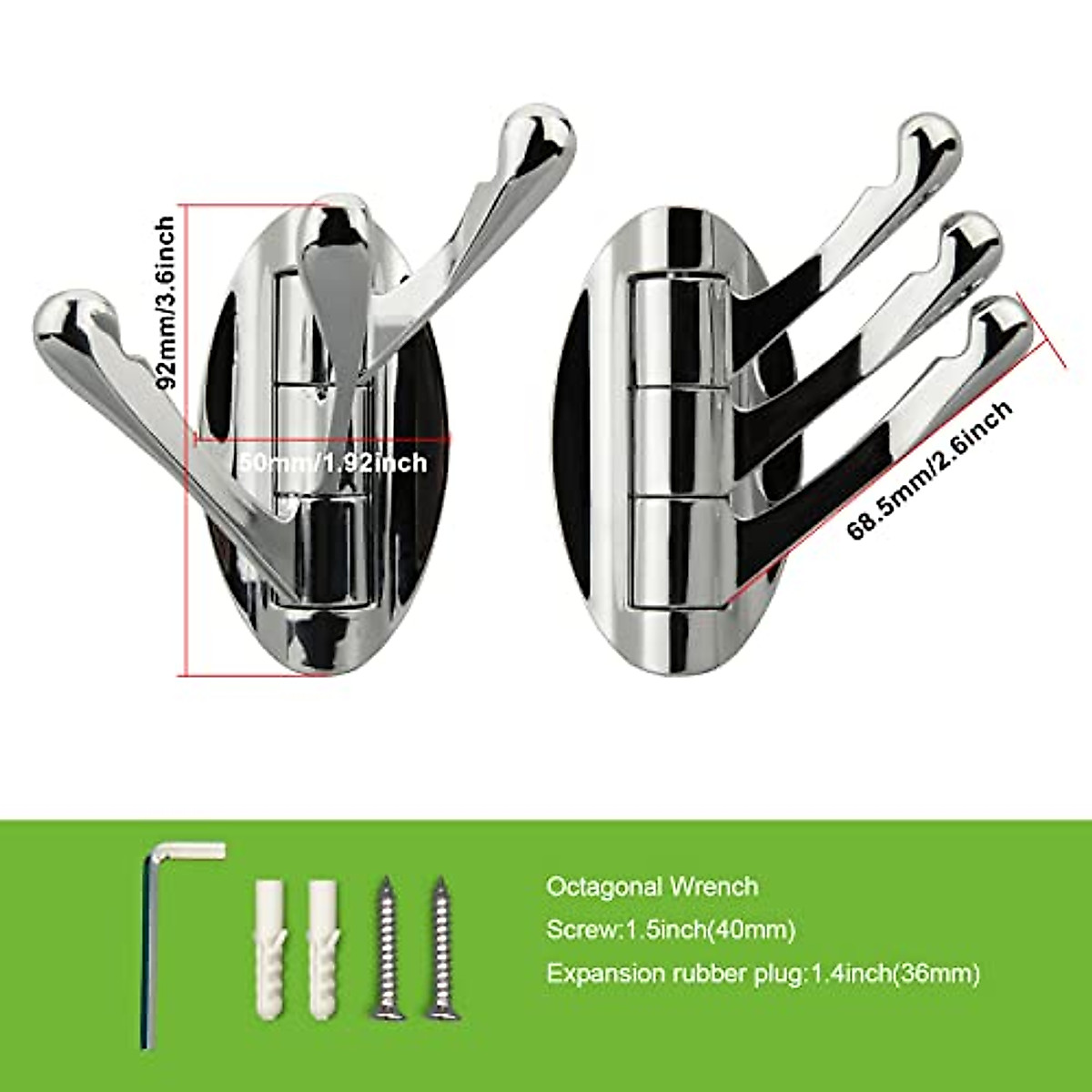 TUNNY 2 Pack Solid Zinc Swivel Coat Hook - Chrome Coat Hook for Heavy Duty Folding Swing Arm Triple Coat Hook with Multifunctional Towel/Clothes Hanger for Bathroom Kitchen Garage Wall Mounted