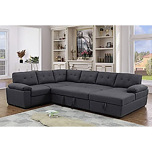 Alexent 5-Seat Modern Fabric Sleeper Sectional Sofa Bed with Pull-Out Bed with Storage Chaise Lounge in Dark Gray Color for Space Saving on Apartment, Living Room, Home Office, Guest Room