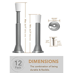 12 Pack Door Stoppers, Extended from 3-Inch to 4inch Spring Door Stop with Rubber Bumper Tips, Prevents Wall &Door Damage, Satin Nickel Finish (Silver)…