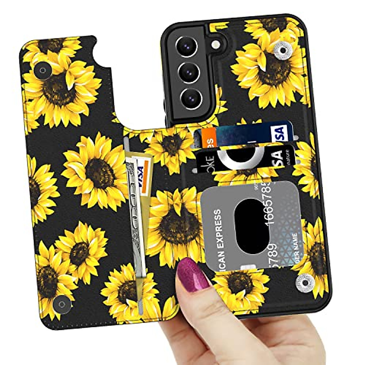 LETO Galaxy S22 Case,Flip Folio Leather Wallet Case Cover with Fashion Flower Designs for Girls Women,with Card Slots Kickstand Phone Case for Samsung Galaxy S22 6.1" Blooming Sunflowers