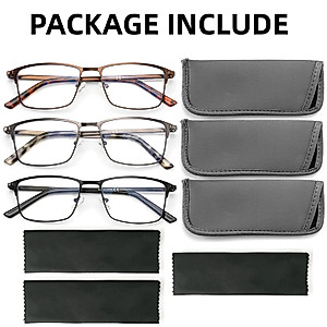CRGATV 3-Pack Reading Glasses for Men Blue Light Blocking Metal Full Wide Frame Computer Readers Anti UV/Eye Strain/Glare (+1.5 Magnification Strength)