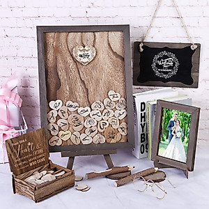 durony Wedding Guest Book Set Drop Top Frame Sign Book with 122 Pieces Wooden Hearts Wooden Picture Frame Rustic Wedding Decorations for Reception Wedding Gift, Log Brown