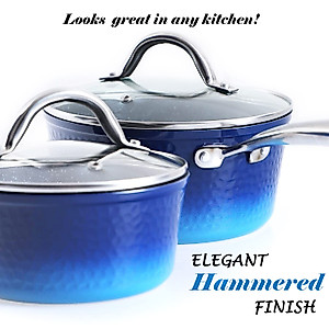 Kitchen Academy Pots and Pans Set Non Stick - 15 Pieces Blue Hammered Cookware Set, Granite Nonstick Coating Induction Compatible for All Stove PFOA&PFOS Free