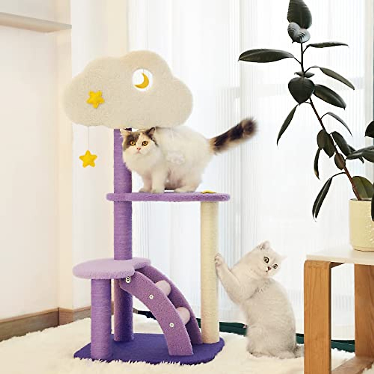 Mora Pets Cat Tree Cute for Indoor Cats Purple Cat Tower 46.5 inch Tall Unique Cat Tree with Sisal Scratching Posts Multi-Level Cloud Moon Cat Tower for Small Large Cats Kitty Kittens