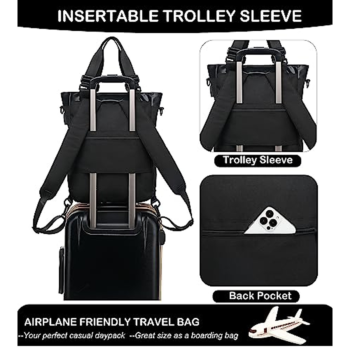 COMELY Convertible Laptop Backpack, Casual Travel Tote Daypack, Crossbody Purse, Bookbag Diaper Bag Nursing Bag for Daily Work College Nursing Teaching, 31A-Black