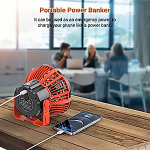 Portable Fan Camping Fan for Tents, 25 Hours Work-time Camping Lantern Ceiling Tent Fan Desk Fan with 7800mAh Power Bank, Clip and Remote, Usb Rechargeable Fan for Hiking, BBQ,Hunting, Hurricane (Black Orange)