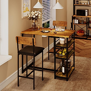 IDEALHOUSE Kitchen Table Set, Dining Table and Chairs for 2 with Storage Shelf, Dining Room Table Set with 2 Upholstered Chairs, Bar Dining Table Set for Small Spaces, Apartment, Rustic Brown