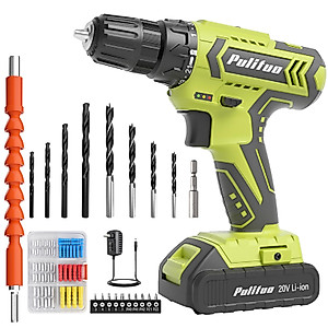 PULITUO Cordless Drill Set - 20V Electric Power Drill with Battery and Charger, 30N Torque, 21+1 Torque Settings, 2 Variable Speeds, includes a 43-pcs Drill Driver Bits Kit and Screws Set (Green)