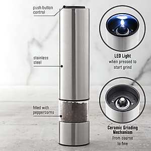 Kamenstein Battery Operated Grinder Filled with Black Peppercorns, 8.75 Inch