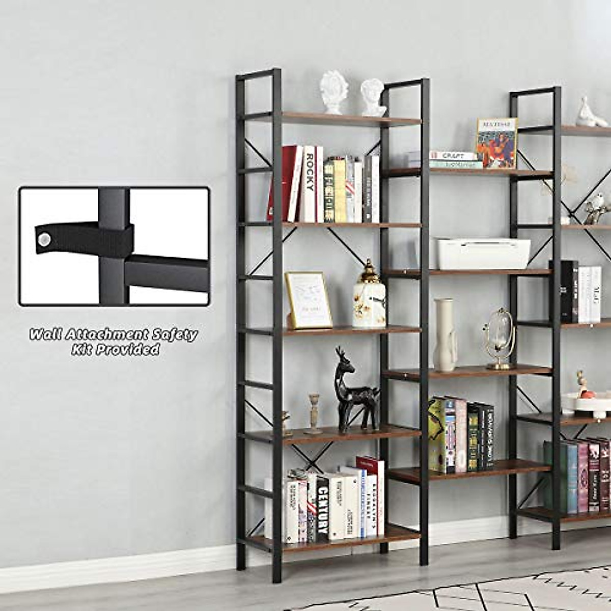 MELLCOM Triple Wide 5 Tier Industrial Bookshelf, 14 Open Storage Cubes, Vintage Wood Bookcase, Cube Bookshelf with Antique Wood and Metal Frames for Living Room, Bedroom & Office, Brown