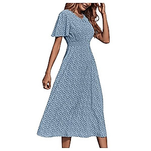 Floerns Women's Casual Floral Print Crewneck Short Sleeve A Line Boho Maxi Dress Blue M