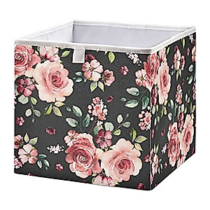 ALAZA Collapsible Storage Cubes Organizer,Rose Flowers Floral Black Storage Containers Closet Shelf Organizer with Handles for Home Office
