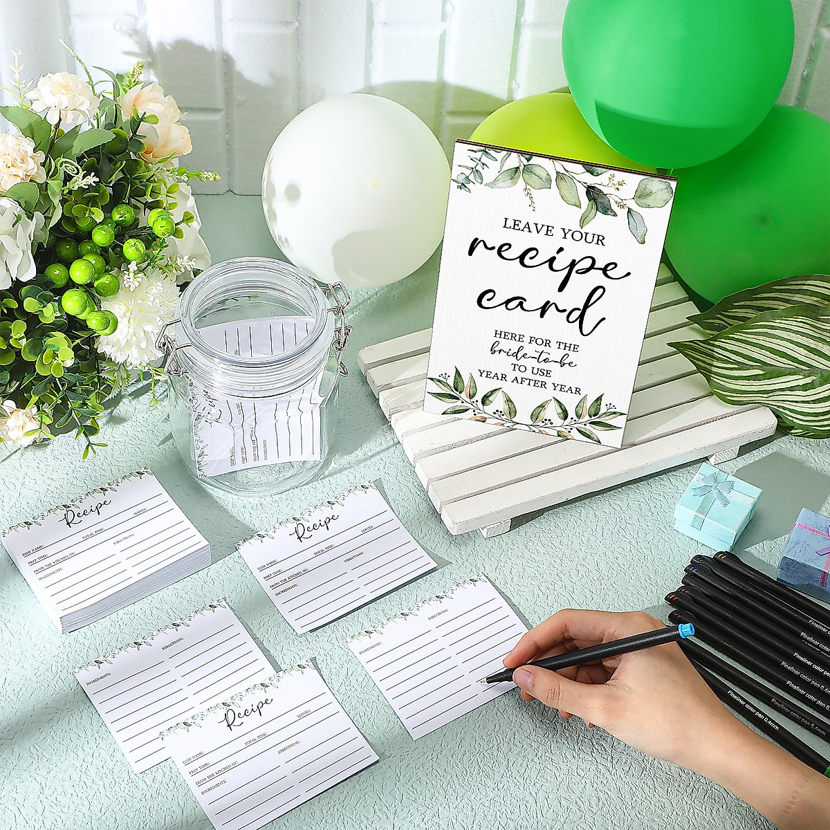 Geyoga 114 Pcs Recipe Cards Bridal Shower Favor for Guest 1 Leave Your Recipe Card Display Sign 1 PET Jar 100 Recipe Card Double Sided 12 Fine liner Ink Pen for Wedding Bridal Shower (Greenery)