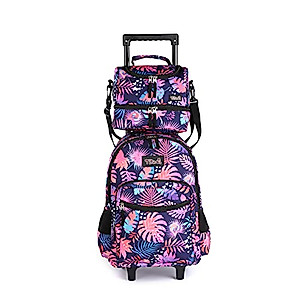 Tilami Rolling Backpack 18 inch Double Handle with Lunch Bag Wheeled Kids Backpack, Leaves Pink
