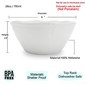 KX-WARE Melamine Cereal Bowls Set - 28 oz/6 inch 100% Melamine Soup/Salad Bowls | set of 6, White | Break-resistant and Dishwasher Safe, BPA Free