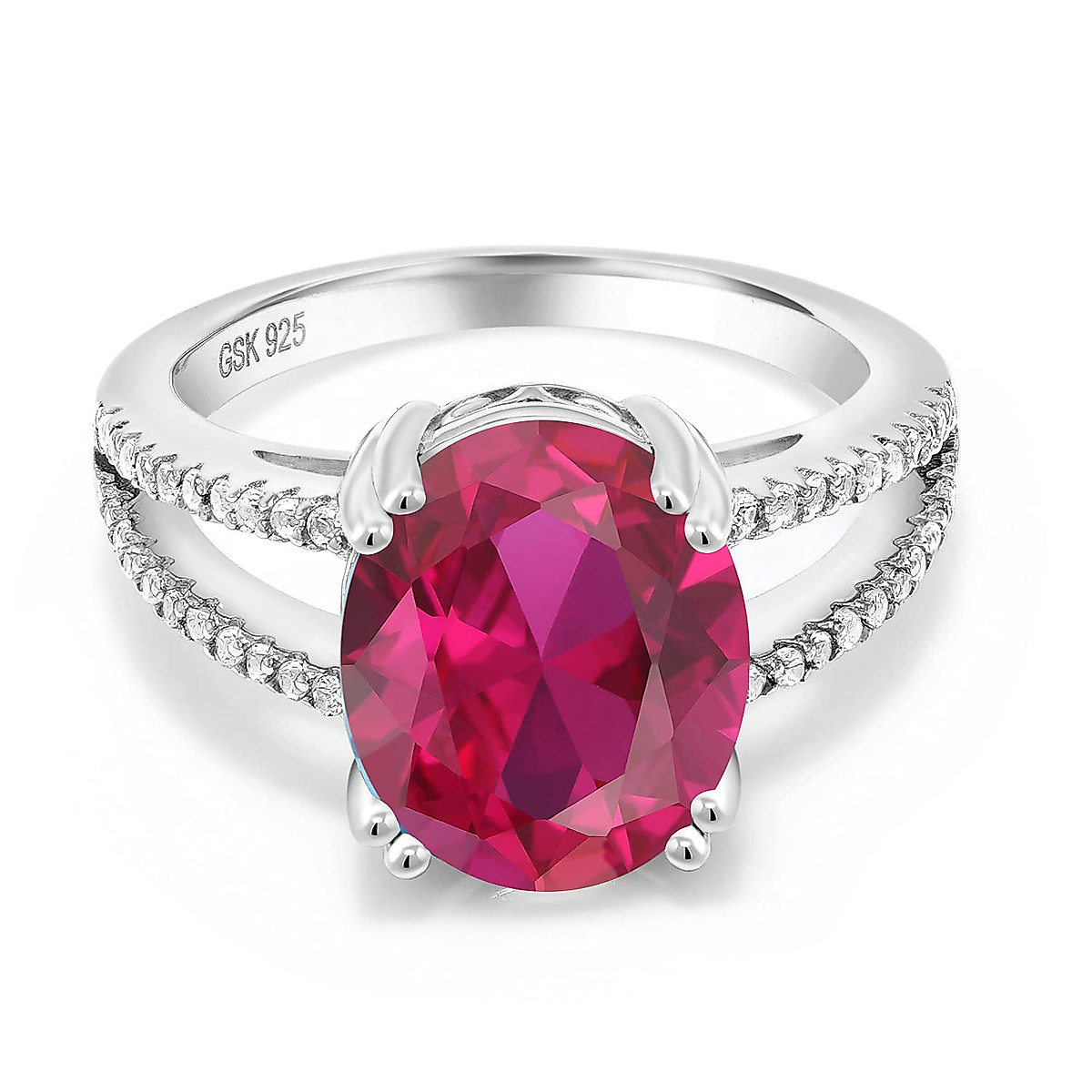 Gem Stone King 925 Sterling Silver Red Created Ruby Ring For Women (5.48 Cttw, Oval 12X10MM, Gemstone July Birthstone, Available In Size 5, 6, 7, 8, 9)