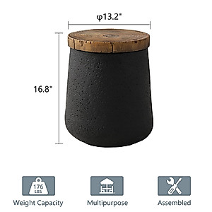 COSIEST 2 Pieces Outdoor Side Table, Set of 2 Drum End Table, Cylinder Shaped Concrete Side Table Faux-Wood Top, Black Outdoor Accent Table with Tree Trunk Slice Hand Painted, Accent Stool
