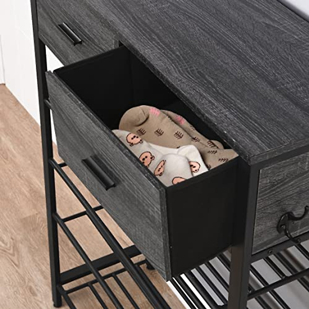 DKLGG Metal Shoe Rack with Coat Rack, Industrial 4-Tier Shoe Storage Organizer with Drawers for 12 Pairs, Shoe Shelf with Hooks & Adjustable Feet, Free Standing Shoe Racks for Entryway, Hallway(Black)