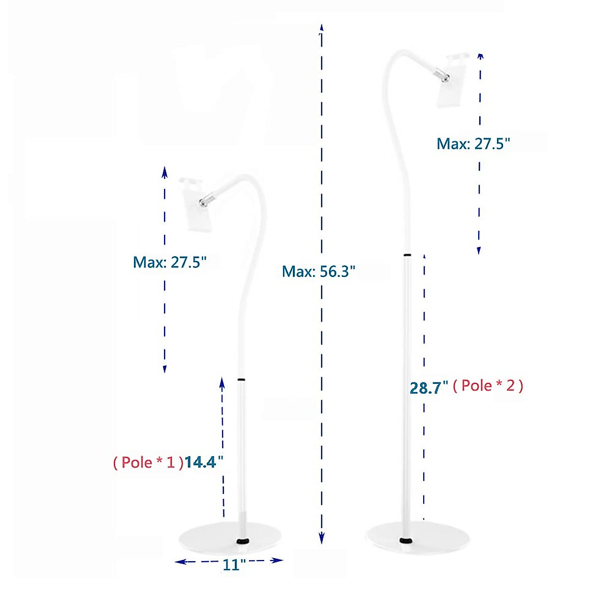 Gooseneck Tablet Stand Cell Phone Stand with Stable Base Adjustable 360 Degree Rotating Floor Stand for iPad Within 4-12.9 inches