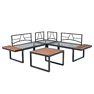 EOVTK 4-Piece Outdoor Wood Conversation Set, L-Shaped Sectional Sofa with Built-in Side Table and Cushions, Steel Frame, All-Weather Patio Furniture for Backyard, Porch, Dark Gray