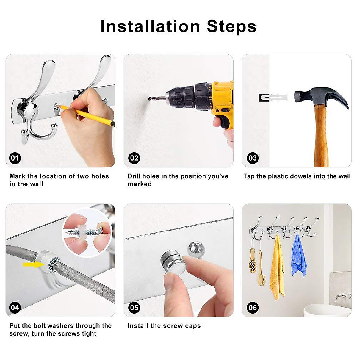 JOSHNESE Wall Mount Coat Hooks,5 Tri Hooks Heavy Duty Stainless Steel Hook Rail for Coat Hat Towel Robes Mudroom Bathroom Entryway（2 Pack,Silver