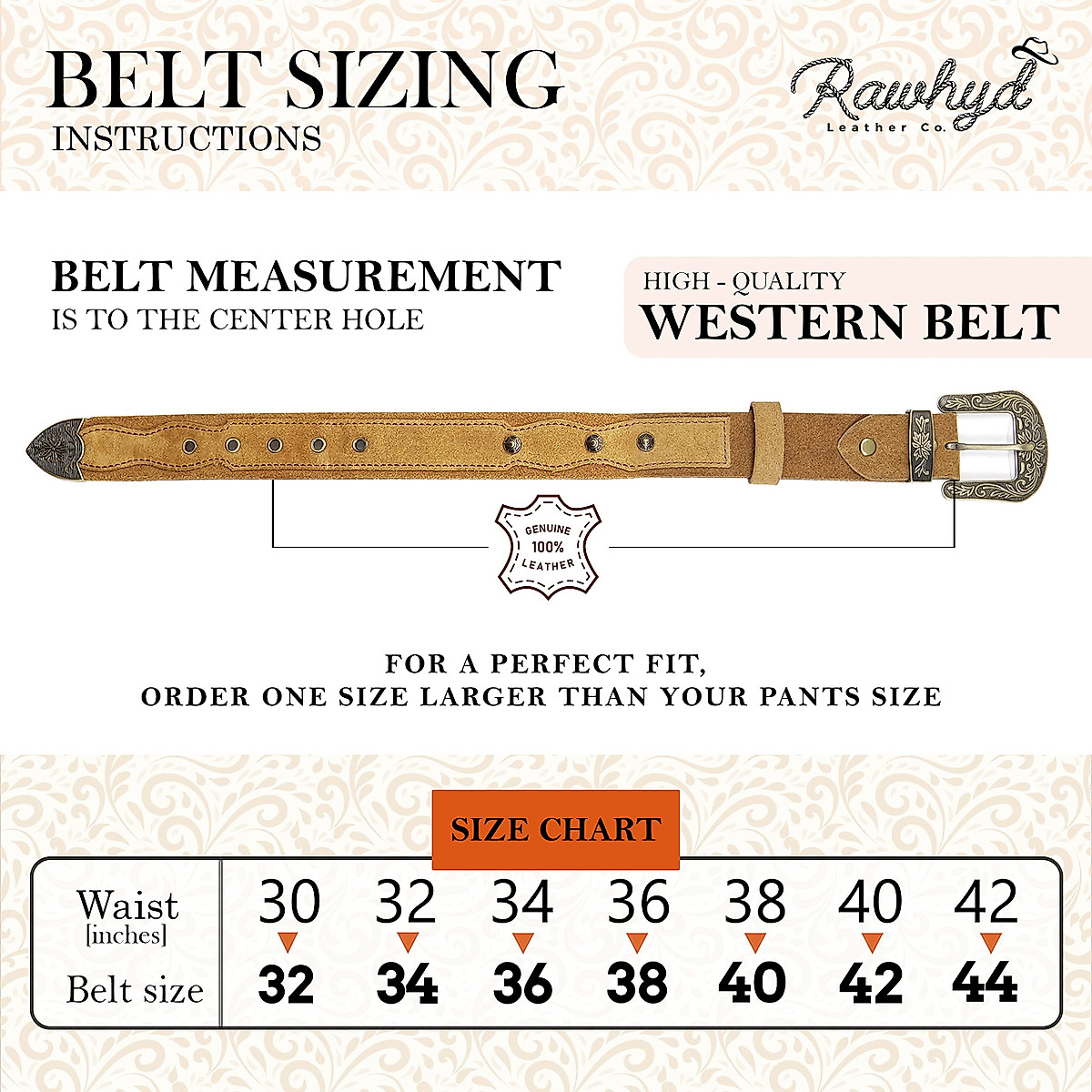 RAW HYD Western Leather Belt for Men (38)