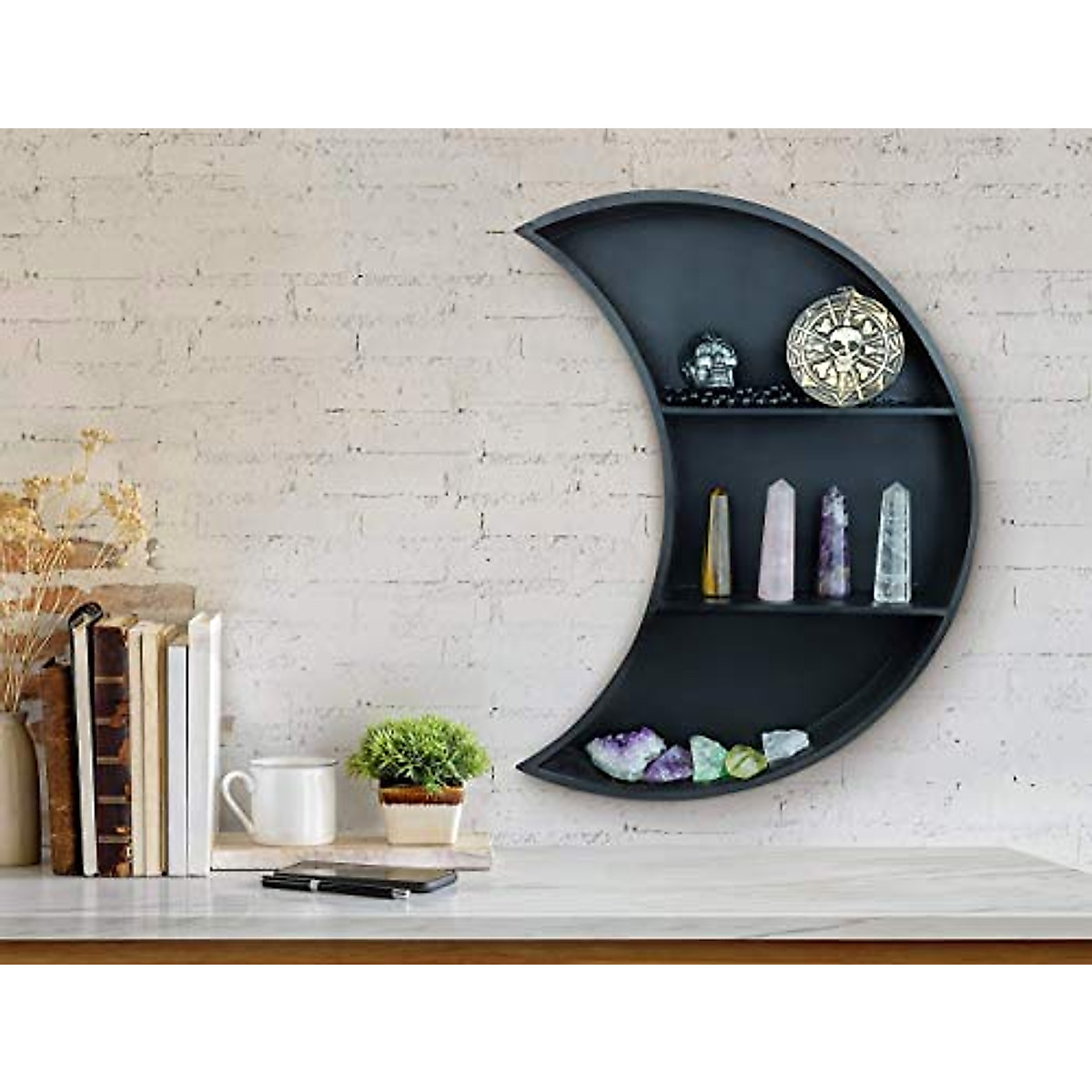 MUDHEN Black Crescent Moon Shelf for Crystals, Essential Oils, and Gothic Decor - Moon Shaped Shelf - Crystal Shelf - Bohemian Decor, Moon Wall Decor for Bedroom, Dorm, Living Room, Nursery