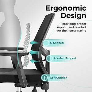 ALPHA HOME Office Chair Ergonomic Home Desk Chair Mid Back Mesh Computer Chair with Lumbar Support Executive Stool with Adjustable Armrest & Seat Cushion Rolling Swivel Desk Chair,Black