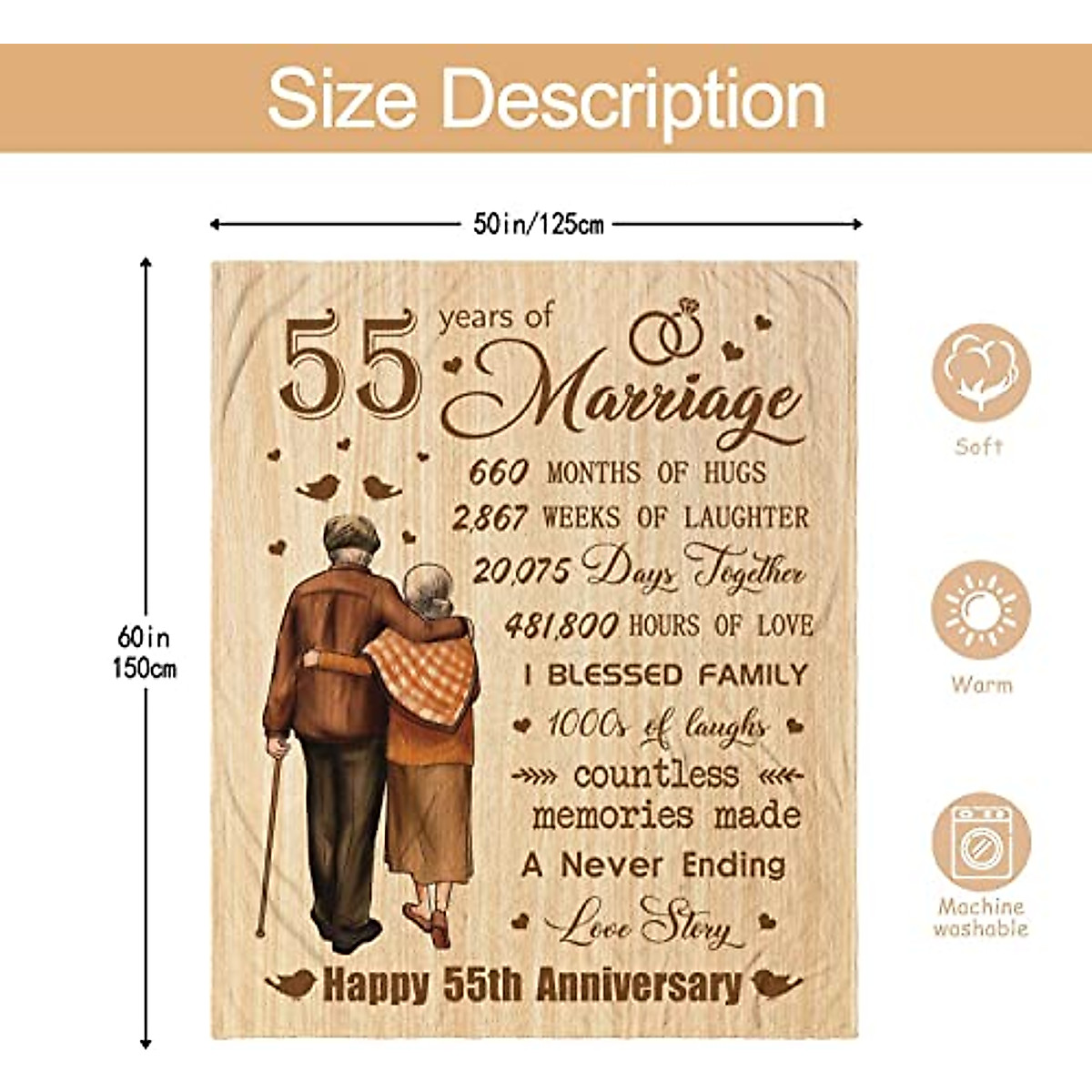Basiole 55th Anniversary Wedding Gifts for Couple, 55th Anniversary Blanket, Best 55 Anniversary for Husband Wife Parents Gifts, Gift for 55 Years of Marriage Decor Throw Blankets 50"X60"
