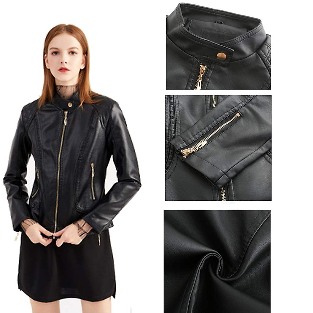 Women's Trendy Faux Leather Jacket Moto Short Jacket Fashion PU Jacket Coat (L, Black)