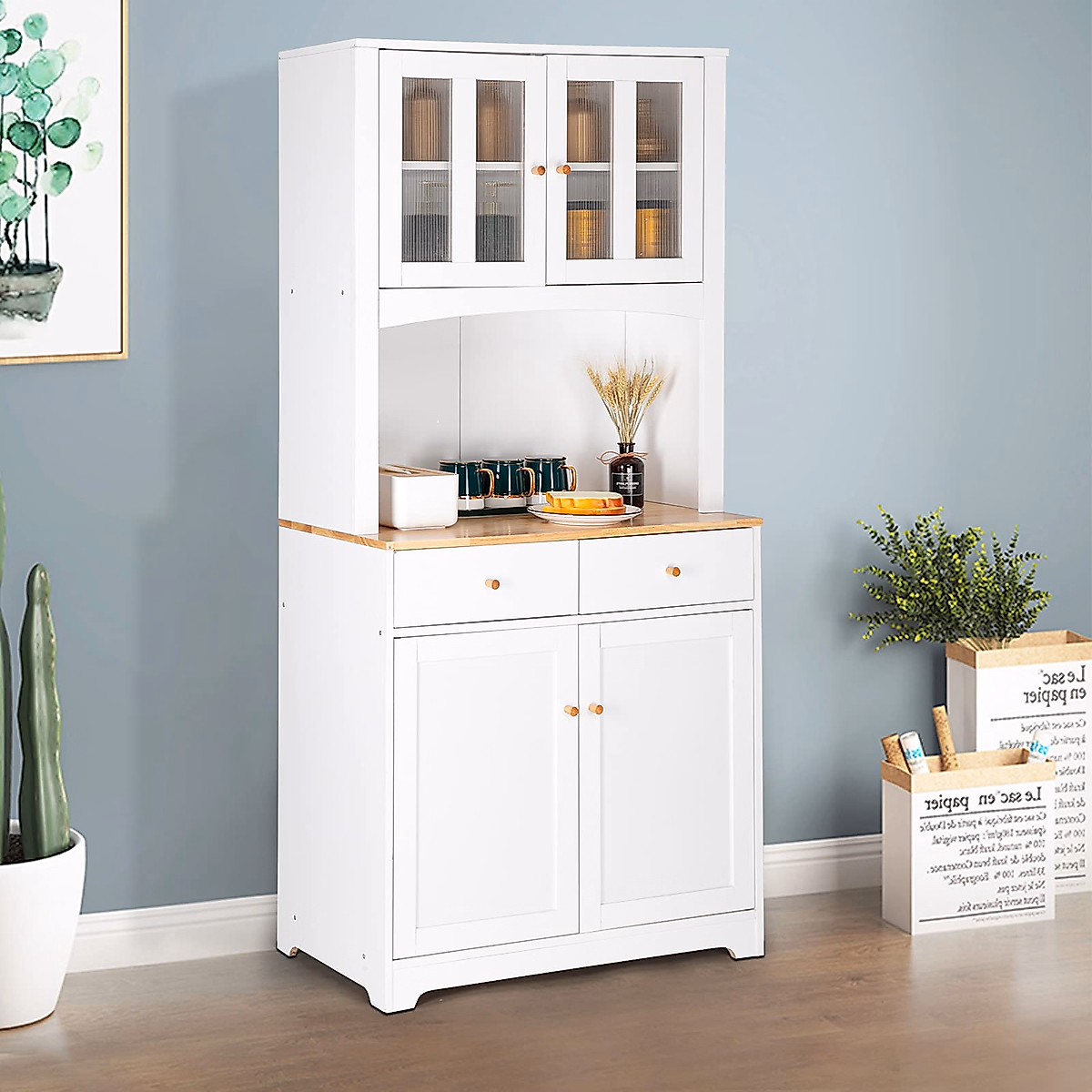 VINGLI Buffet Cabinet with Hutch Kitchen Pantry Storage White Sideboard for Microwave Storage, 4 Doors, 2 Adjustable Shelves & Drawers