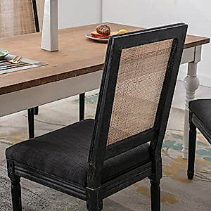 Guyou Black Farmhouse Dining Chairs Set of 2, Upholstered Dining Room Chairs with Rectangular Rattan Back French Country Accent Chair with Distressed Wood Frame for Kitchen Living Room (Beige)