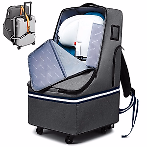 RUCYEN Rolling Car Seat Travel Bag, Padded Carseat Travel Backpack for Airplane,Large Durable Travel Bag with 4 Wheels,Adjustable Shoulder Strap and Waterproof Base Dark Grey