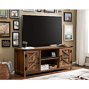 WAMPAT Farmhouse Barn Door TV Stand for TVs Up to 65" Modern Wood Console Entertainment Center Storage Cabinet Table Living Room with Adjustable Shelves