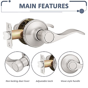 Probrico (2 Pack Passage Door Lever [Non-Locking Lever Set], Non-Locking Door Handle Set for Hallway or Closets, Keyless Satin Nickel Finish Wave Door Lock, Reversible Right & Left Side Handed