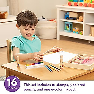 Melissa & Doug Deluxe Happy Handle Stamp Set With 10 Stamps, 5 Colored Pencils, and 6-Color Washable Ink Pad