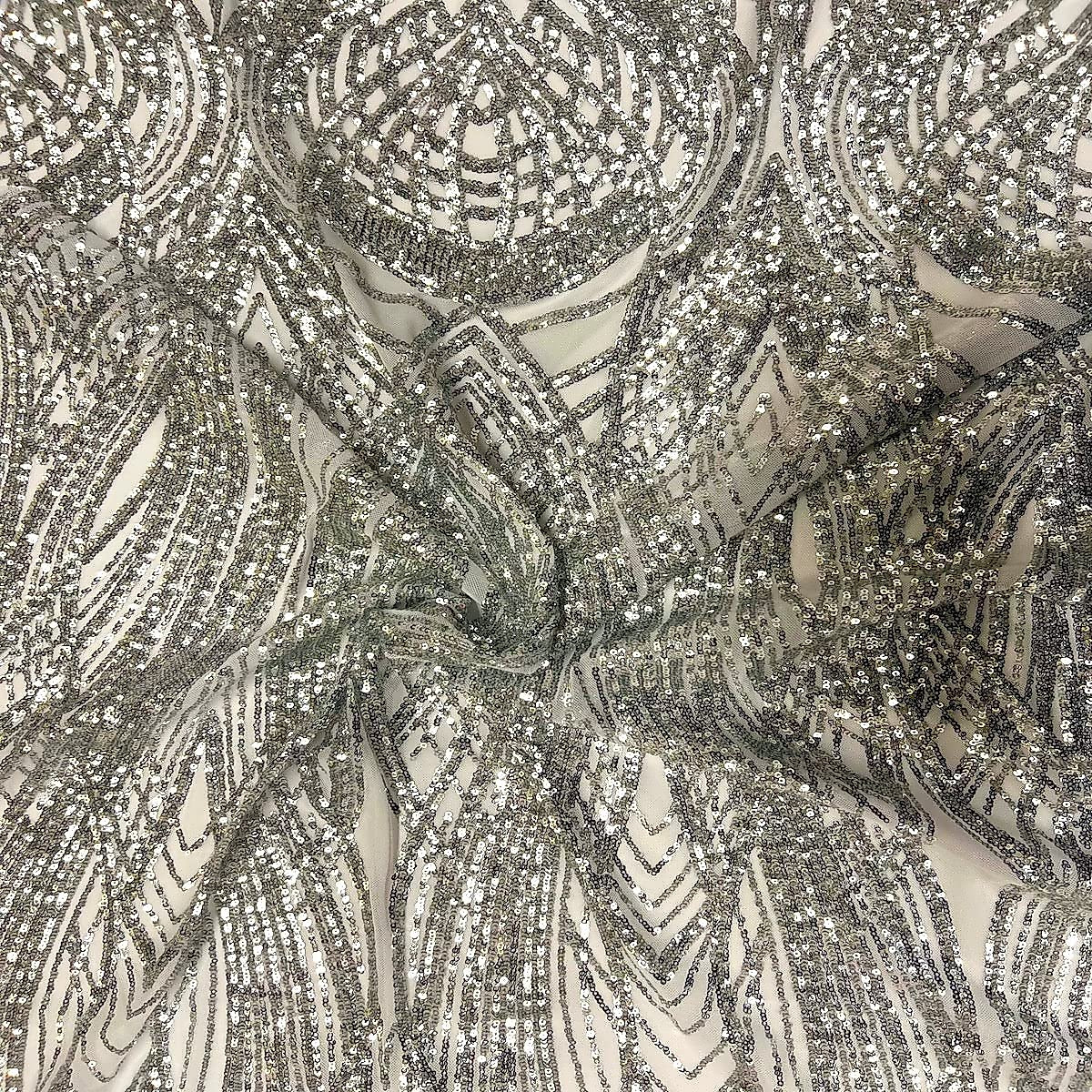 Fashion Fabrics LLC Silver Selena Wave Stretch Sequins Prom Couture Cocktail Lace Fabric - Sold by The Yard