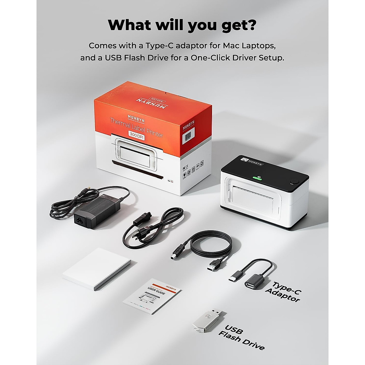 MUNBYN Thermal Label Printer 300DPI, 4x6 USB Shipping Label Printer for Shipping Packages & Small Business, Thermal Printer for Shipping Labels with USPS Shopify Ebay, One-Click Setup for Windows Mac