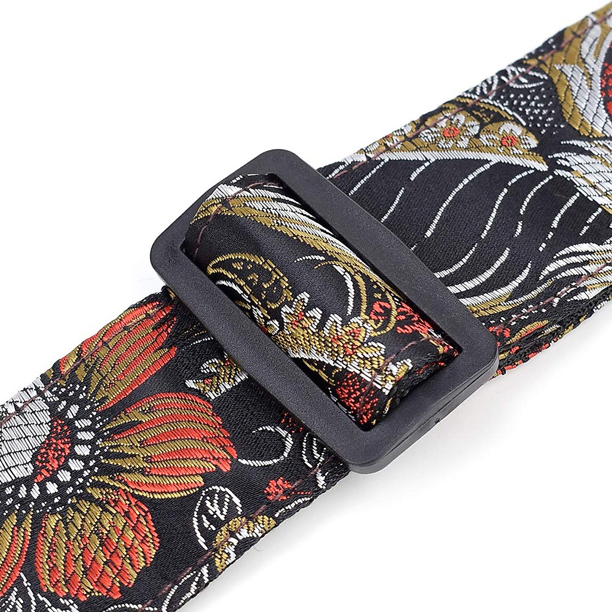 CLOUDMUSIC Guitar Strap For Acoustic Electric Embroidered Jacquard Vintage Floral Patterns(Flowers In Black)