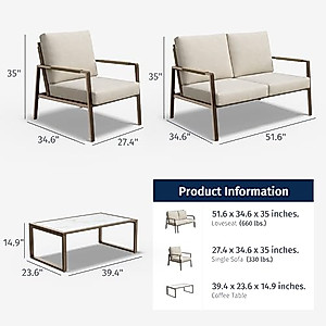 EAST OAK 4-Piece Patio Furniture Set with Thick Cushions, 4 Seats Waterproof Outdoor Patio Set with Rattan Armrests, Loveseat and Coffee Table for Backyard, 2024 Coast Patio Conversation Set in Beige