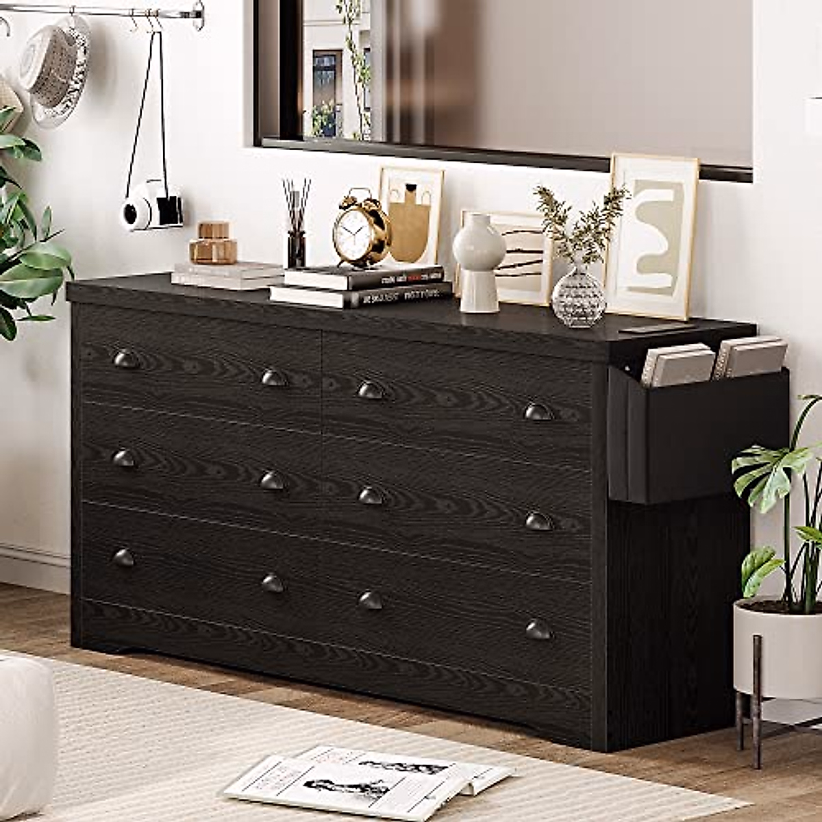 LIKIMIO Dresser for Bedroom 6 Drawer with Charging Station, TV Stand Storage Chest of Drawers for Living Room Hallway Entryway, MDF Board, Black