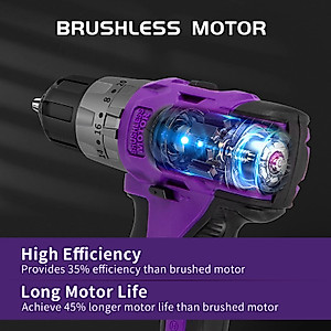 Brushless Cordless Drill Set, 20V Compact Power Drill Driver, Purple Brushless Electric Drill Motor, 20+3 Torque Setting, 48 N.m, 2 Variable Speed, 23pcs Drill/Driver Bits, with Tool Box
