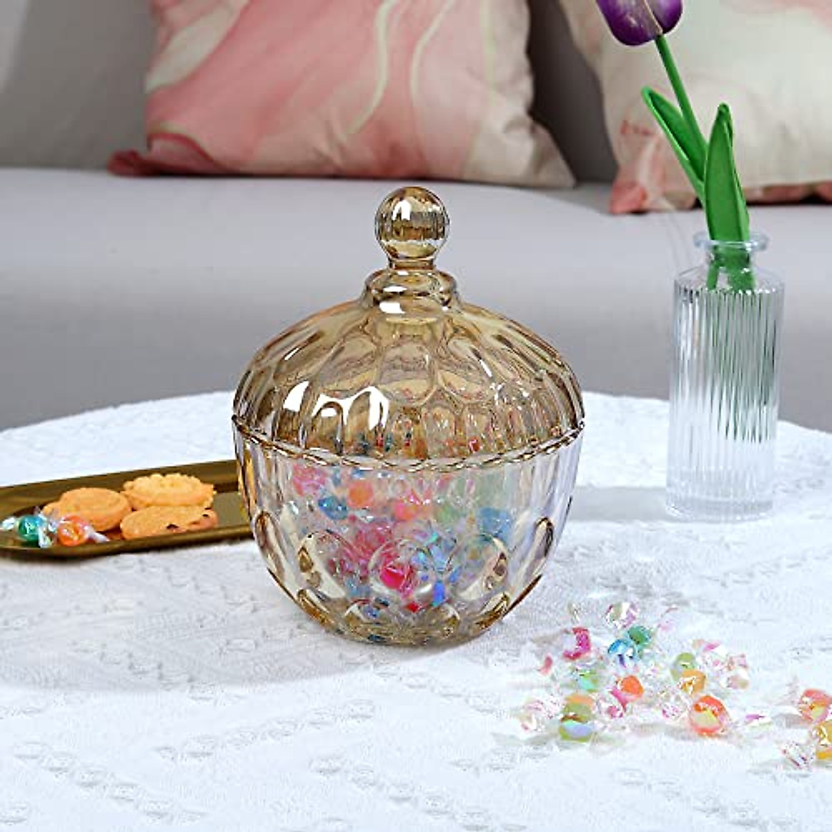 Joeyan Amber Glass Candy Dish with Lid,Large Glass Covered Candy Jar,Decorative Candy Bowl,Embossed Glass Canister for Cookies Nuts Chocolates,Home Wedding and Buffet Decoration Jars,34 oz