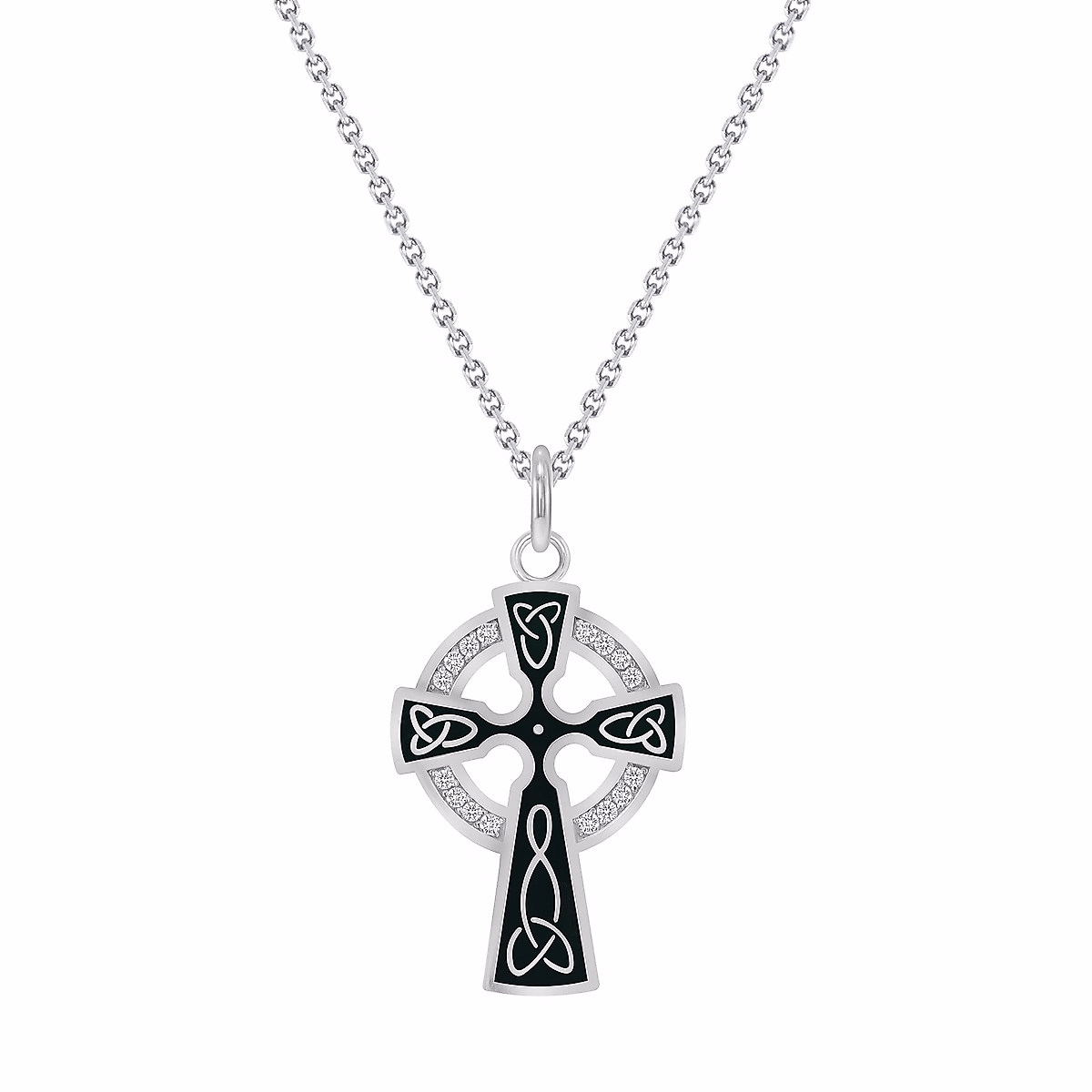 Pome Celtic Cross Trinity Knot Pendant Necklace in Sterling Silver with CZ, Made in America (22" Necklace, Black Enamel)