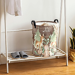 Woodland Forest Animals Round Storage Basket Personalized Name Laundry Basket Waterproof Nursery Hamper with Handle for Living Room Bedroom and Clothes