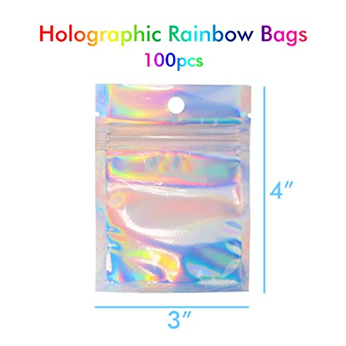 QTOP 100 Pieces Mylar Bags Holographic Packaging Bags, Foil Pouch Ziplock Bags for Food Storage and Lipgloss, Jewelry, Eyelash Packaging (3 X 4 inches)