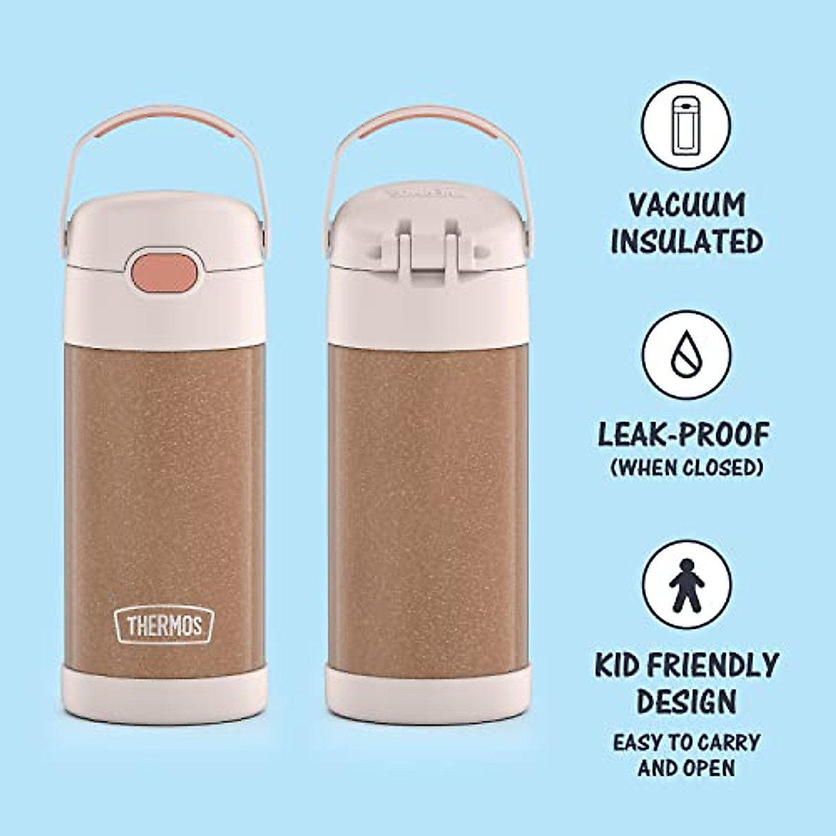 THERMOS FUNTAINER Water Bottle with Straw - 12 Ounce, Rose Gold Glitter - Kids Stainless Steel Vacuum Insulated Water Bottle with Lid