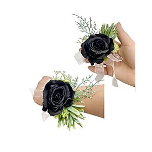 Rikyo Rose Wrist Corsage Wristlet Band Bracelet and Men Boutonniere Set, Corsage for Prom,Bride Hand Flower Flowers Ceremony,Wedding Party Prom Decor,DIY Petals Hair Hat Wreath (Black)