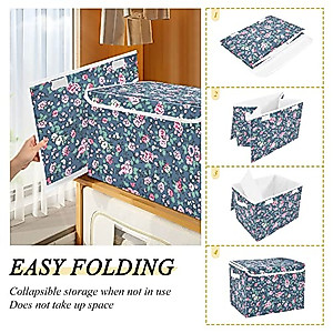 Cute Trendy Floral Flower Foldable Storage Bins with Lids Decorative Storage Box Container for Home Bedroom Office